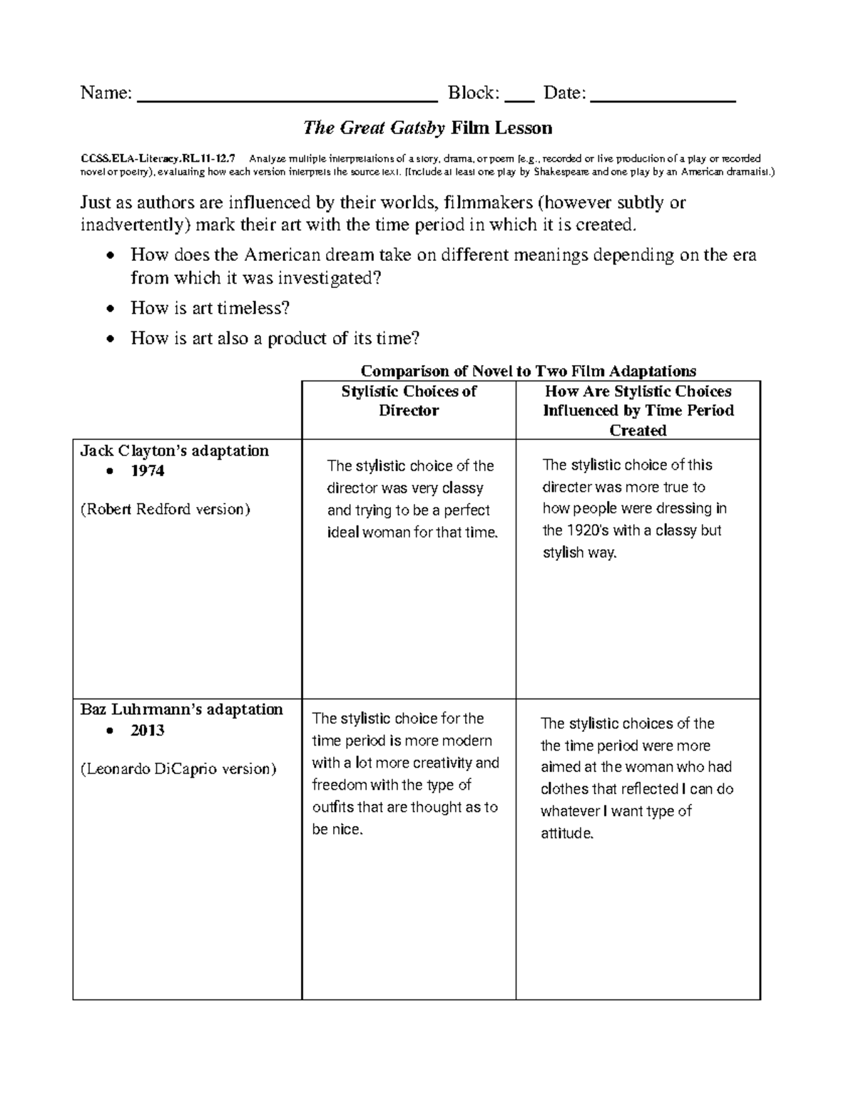 ENG 101: The Great Gatsby Film Lesson - Analyzing Adaptations - Studocu