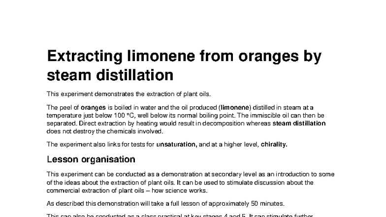 Extraction of Limonene from Oranges: Steam Distillation Experiment ...