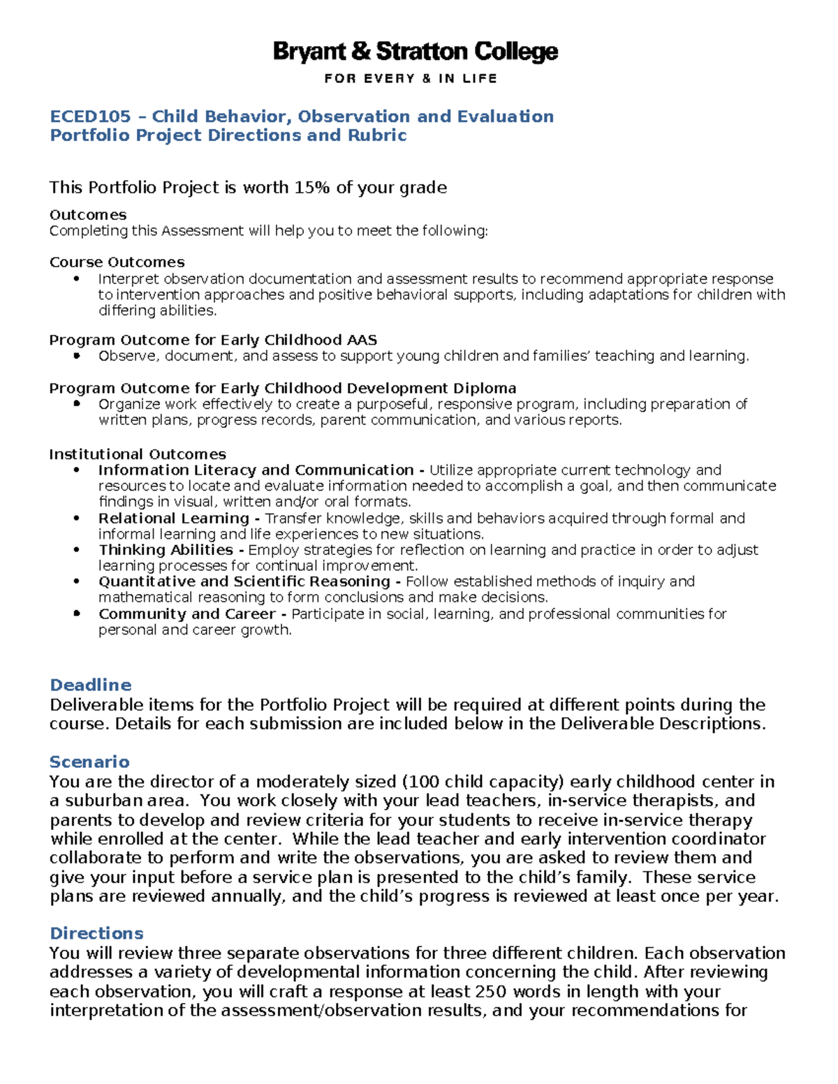 ECED105 Portfolio Project Directions and Rubric - ECED105 – Child ...