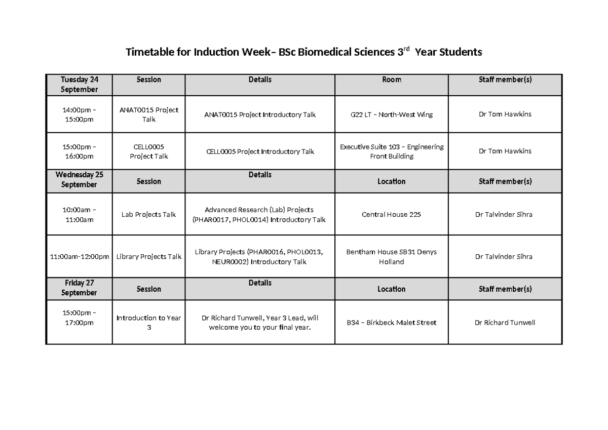 Year 3 BMS timetable - Timetable for Induction Week– BSc Biomedical ...