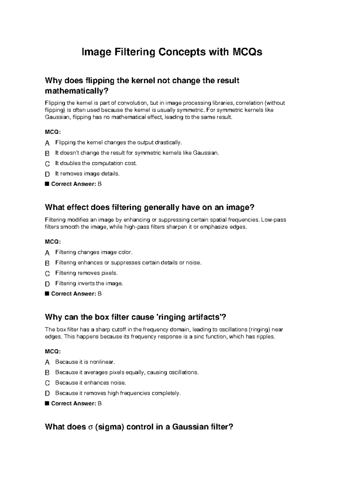 Image Filtering Concepts & MCQs for Image Processing (CS101) - Studocu