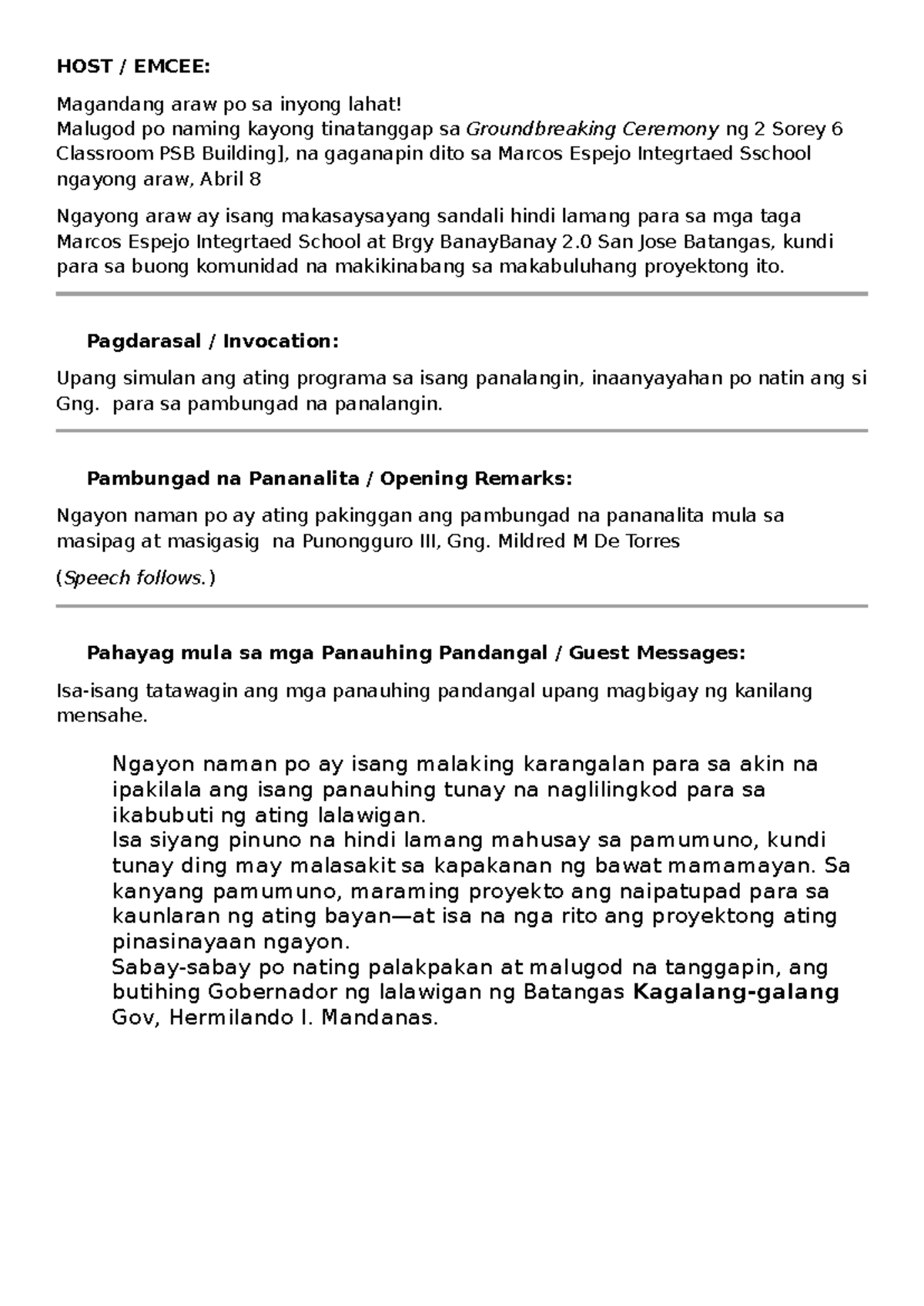 Groundbreaking Ceremony Script for 2 Sorey 6 Classroom PSB - Studocu