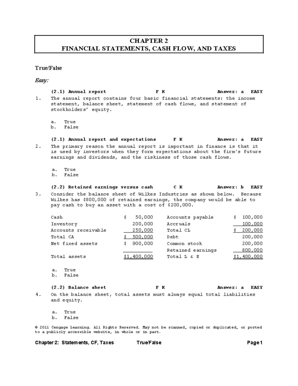 CH02 Test Bank: Financial Statements, Cash Flow & Taxes - Studocu