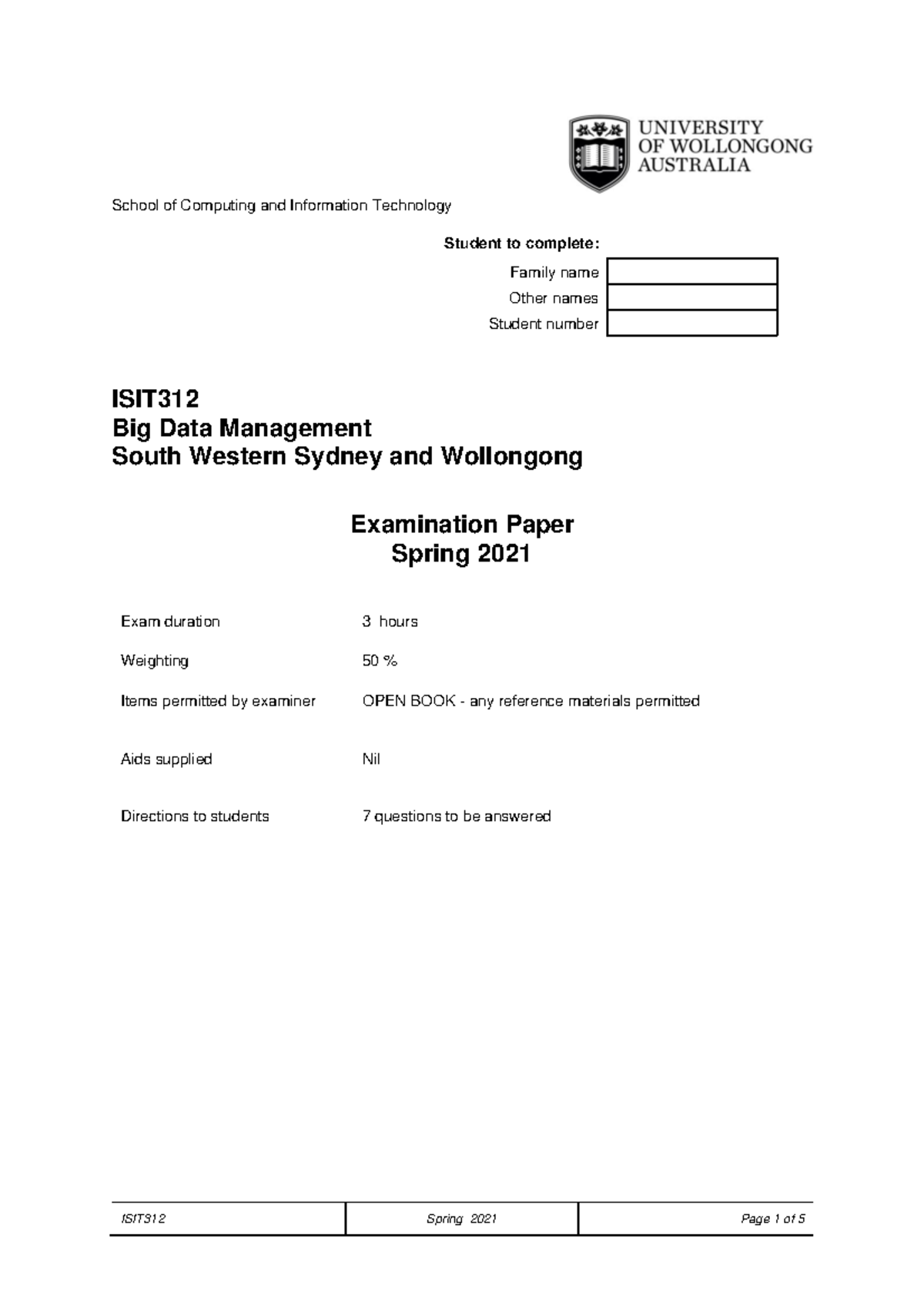 ISIT312 Final Exam Paper: Big Data Management Spring 2021 - Studocu
