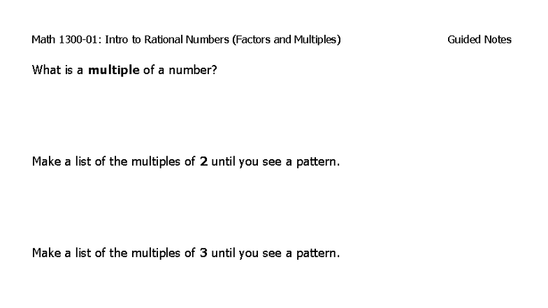 Math 1300-01: Guided Notes on Factors and Multiples of Rational Numbers ...