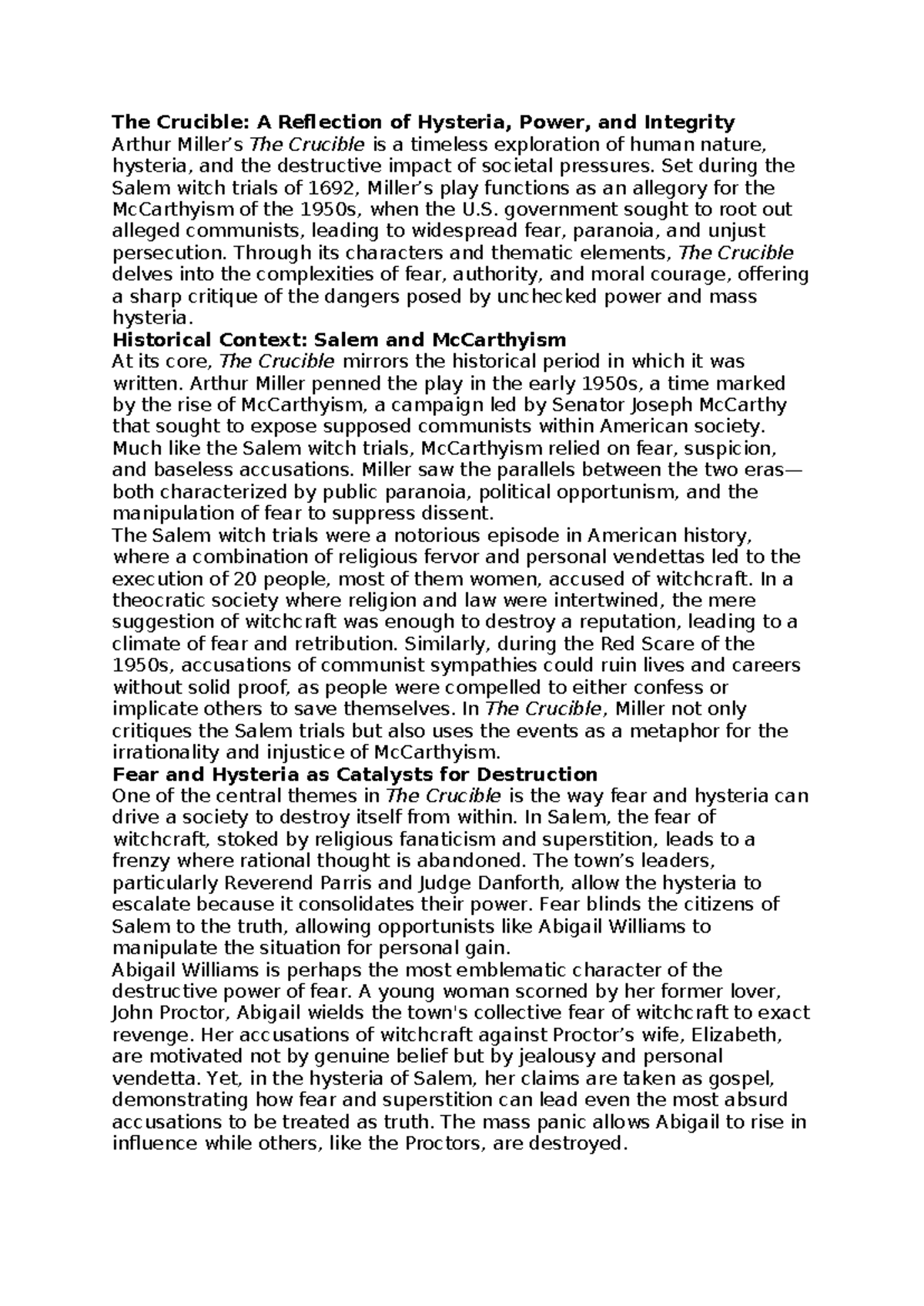 EN101 The Crucible: Hysteria, Authority & Integrity Analysis Essay ...