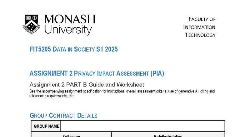 FIT5205 S1 2025 - Assignment 2 PIA Report Guide and Worksheet - Studocu