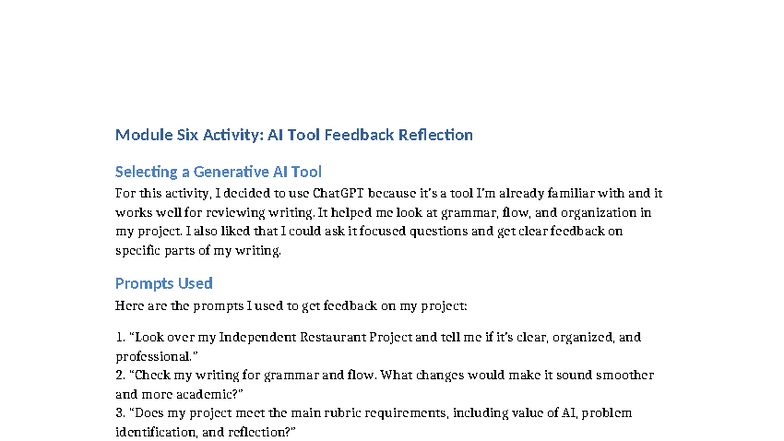 Module Six Activity: AI Tool Feedback Reflection on ChatGPT - Studocu