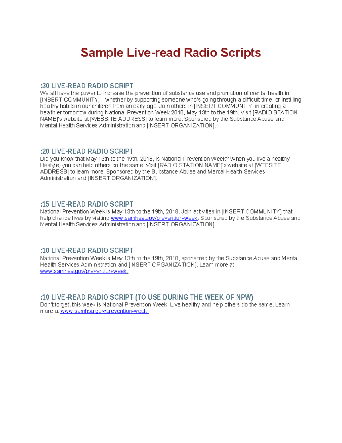 NPW 2018 Sample Radio Scripts for Substance Use Prevention - Studocu
