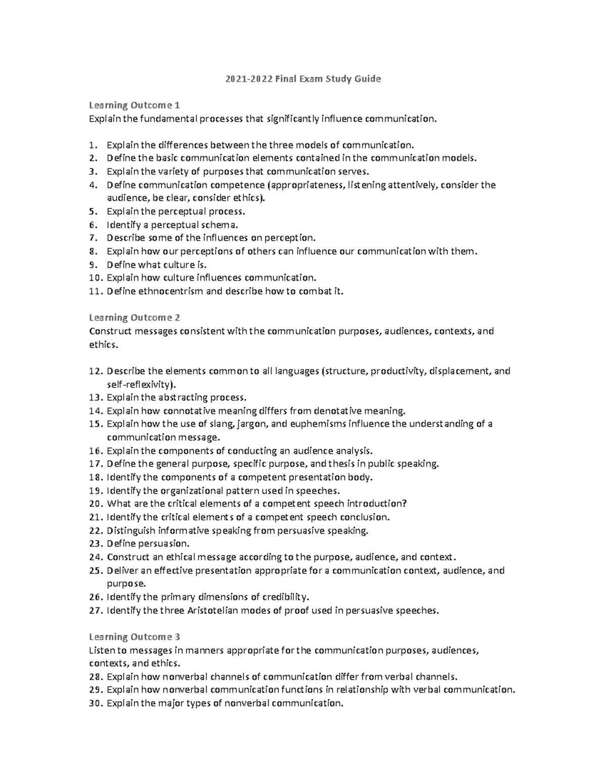2021-2022 Communication Final Exam Study Guide: Key Learning Outcomes ...