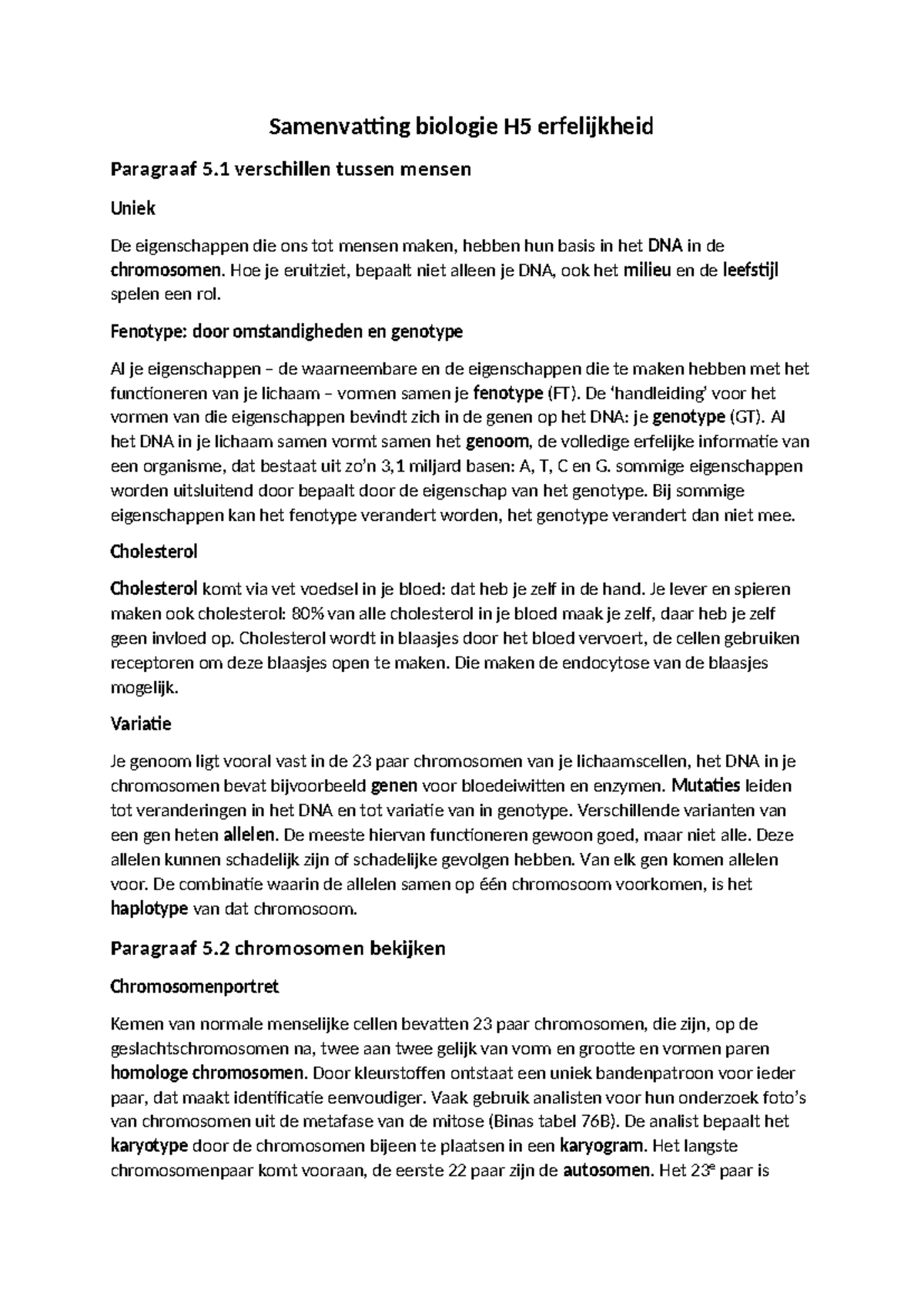 Samenvatting Biologie H5: Erfelijkheid en Genetische Variatie - Studeersnel