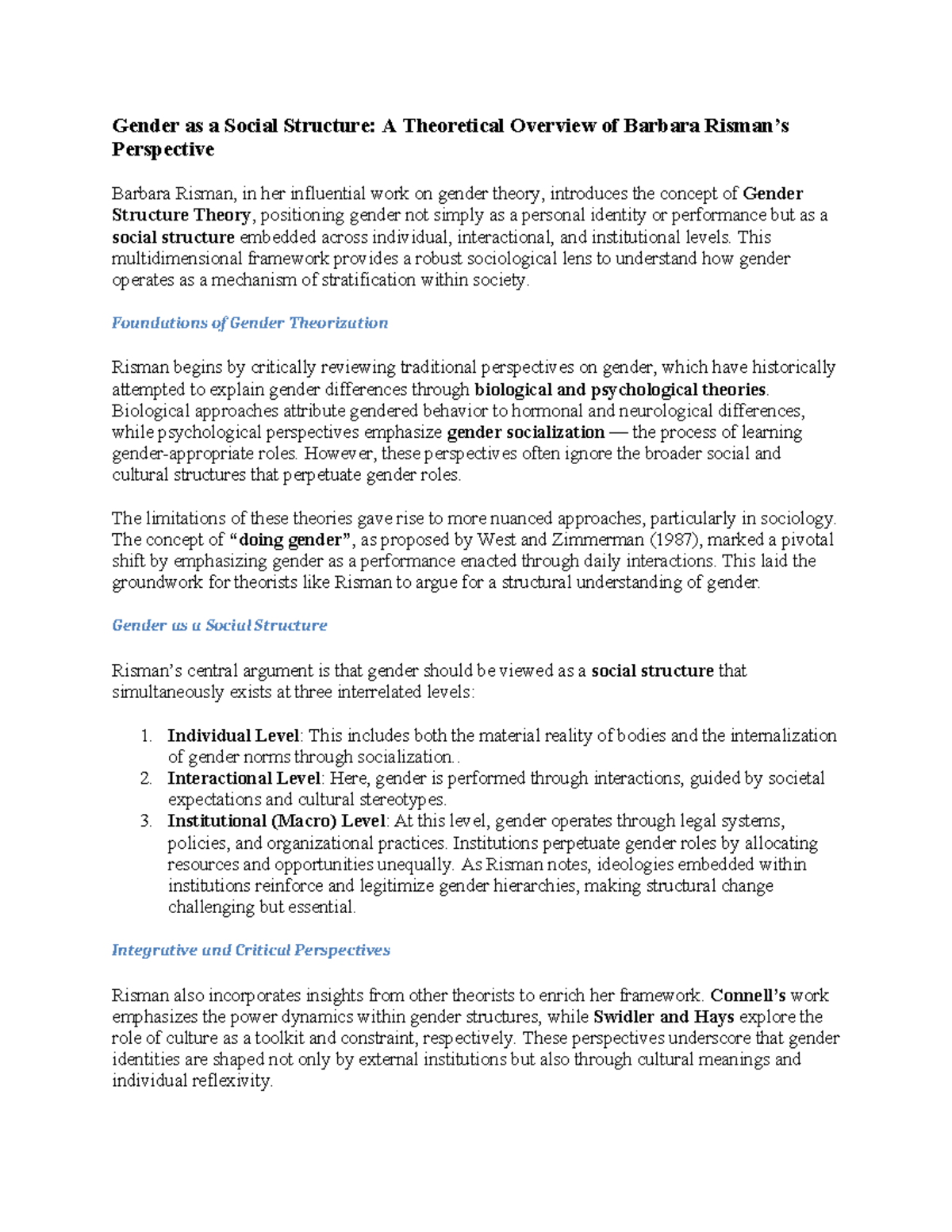 S.G (C-2) Revision Notes: Gender Structure Theory Overview - Studocu
