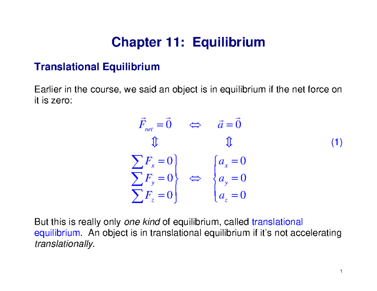 Lecture Notes: Ch 11 - Equilibrium (Translational & Rotational) - Studocu