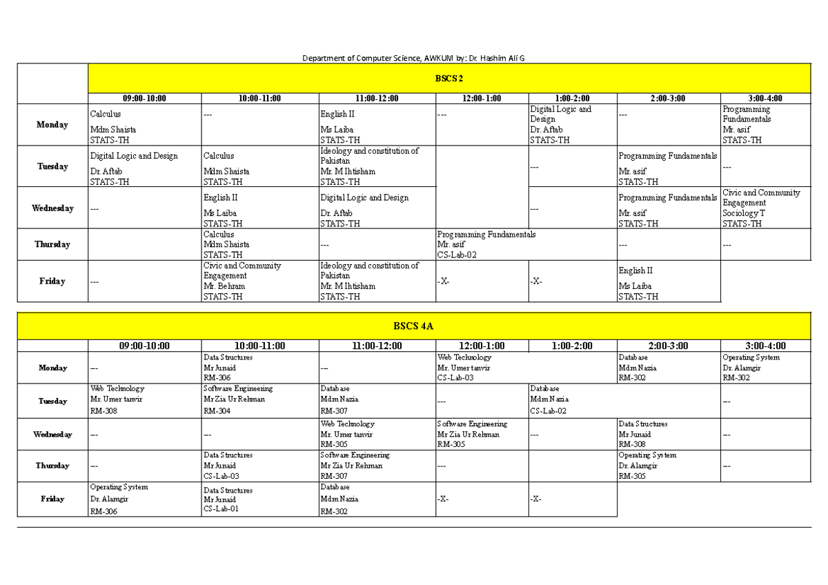 BSCS Course Schedule: Time Table Overview for All Semesters - Studocu