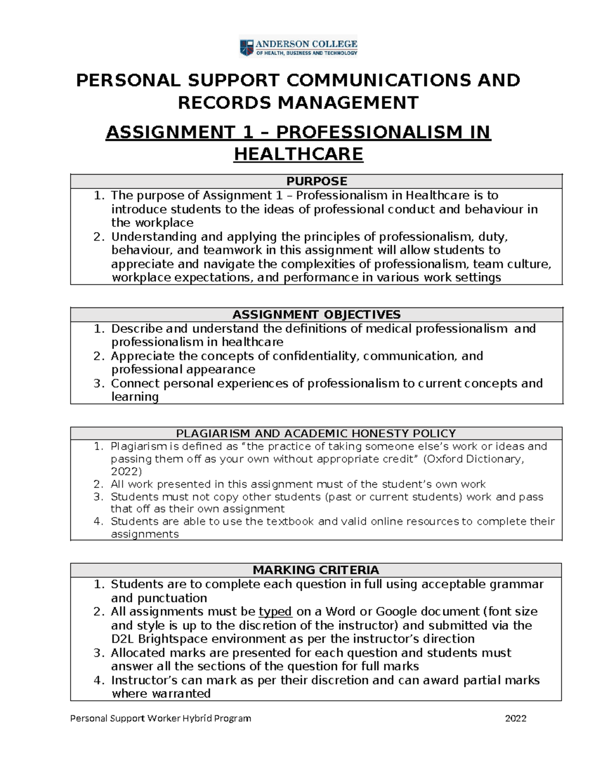 PSW 2022: Assignment 1 - Professionalism in Healthcare Overview - Studocu