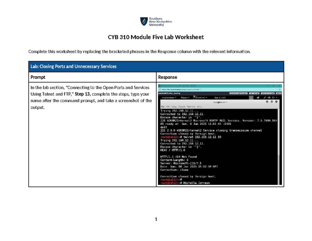 CYB 310 Module 5 Lab: Closing Unnecessary Ports & Services Worksheet - Studocu