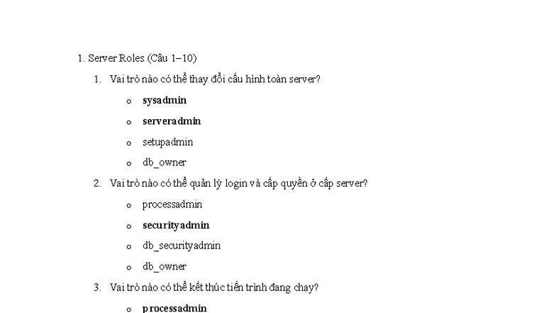 SQL Server Security Model (Câu hỏi và Trả lời) - Studocu