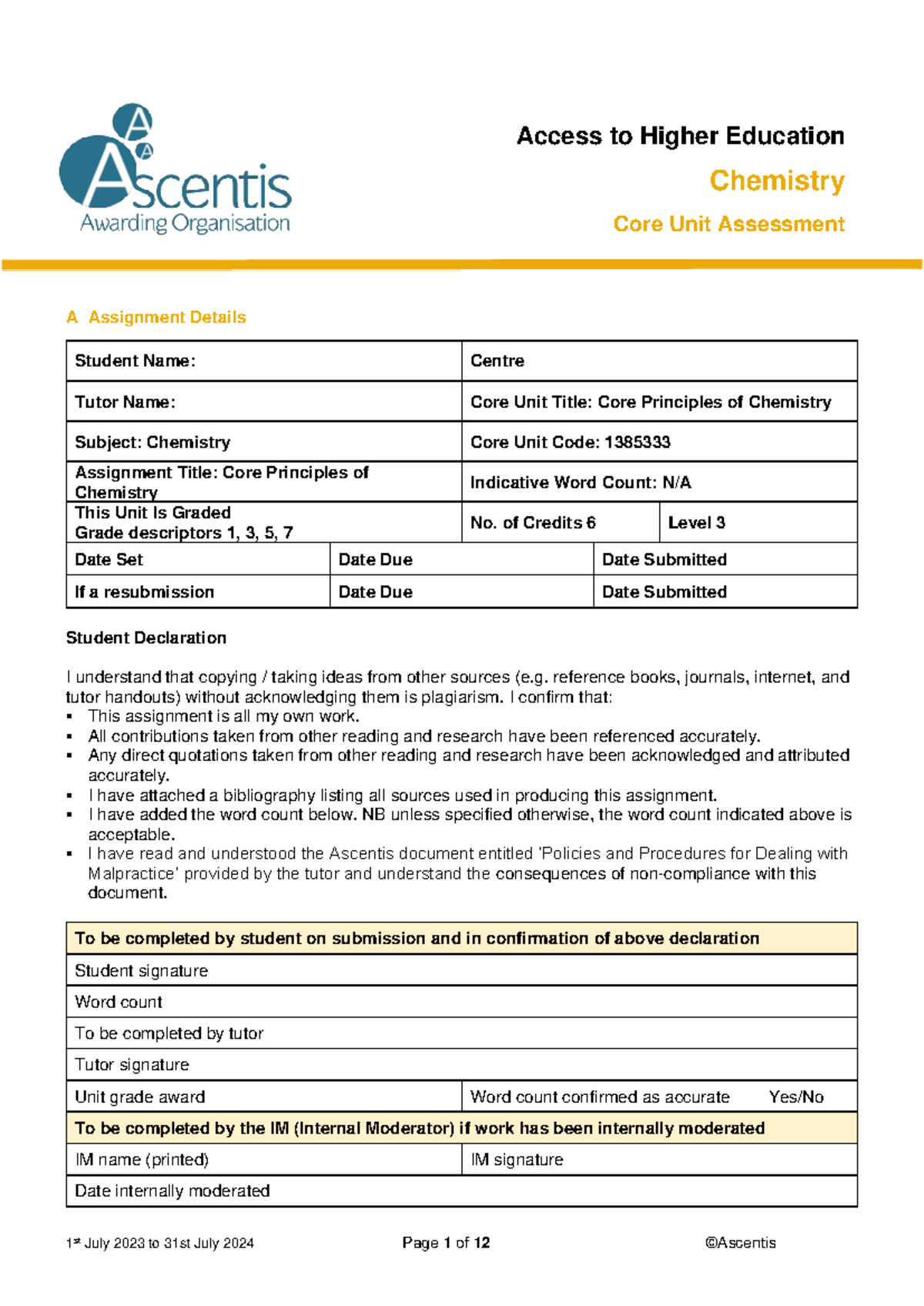 1385333 Core Principles of Chemistry Core Unit Assessment 2023-24 - Studocu