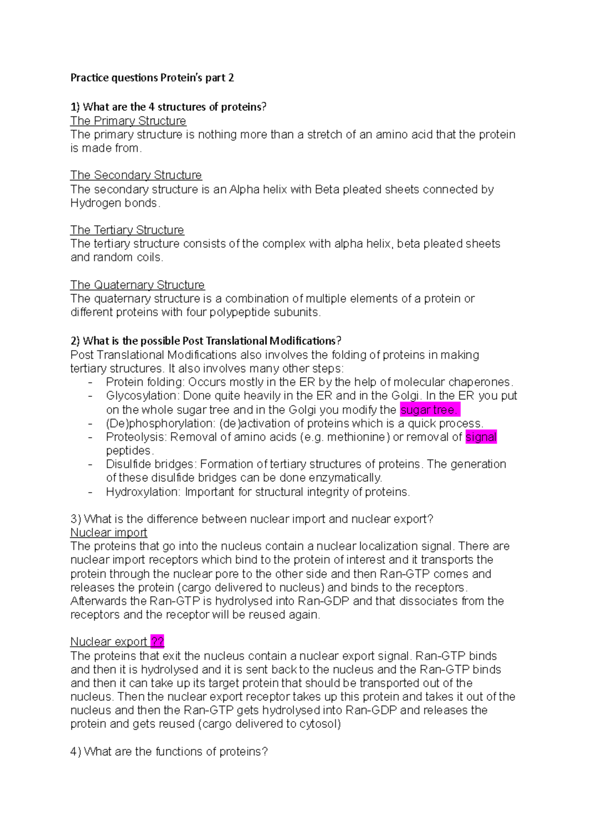 Protein Practice Questions Part 2 - BBS1001 Study Guide - Studeersnel