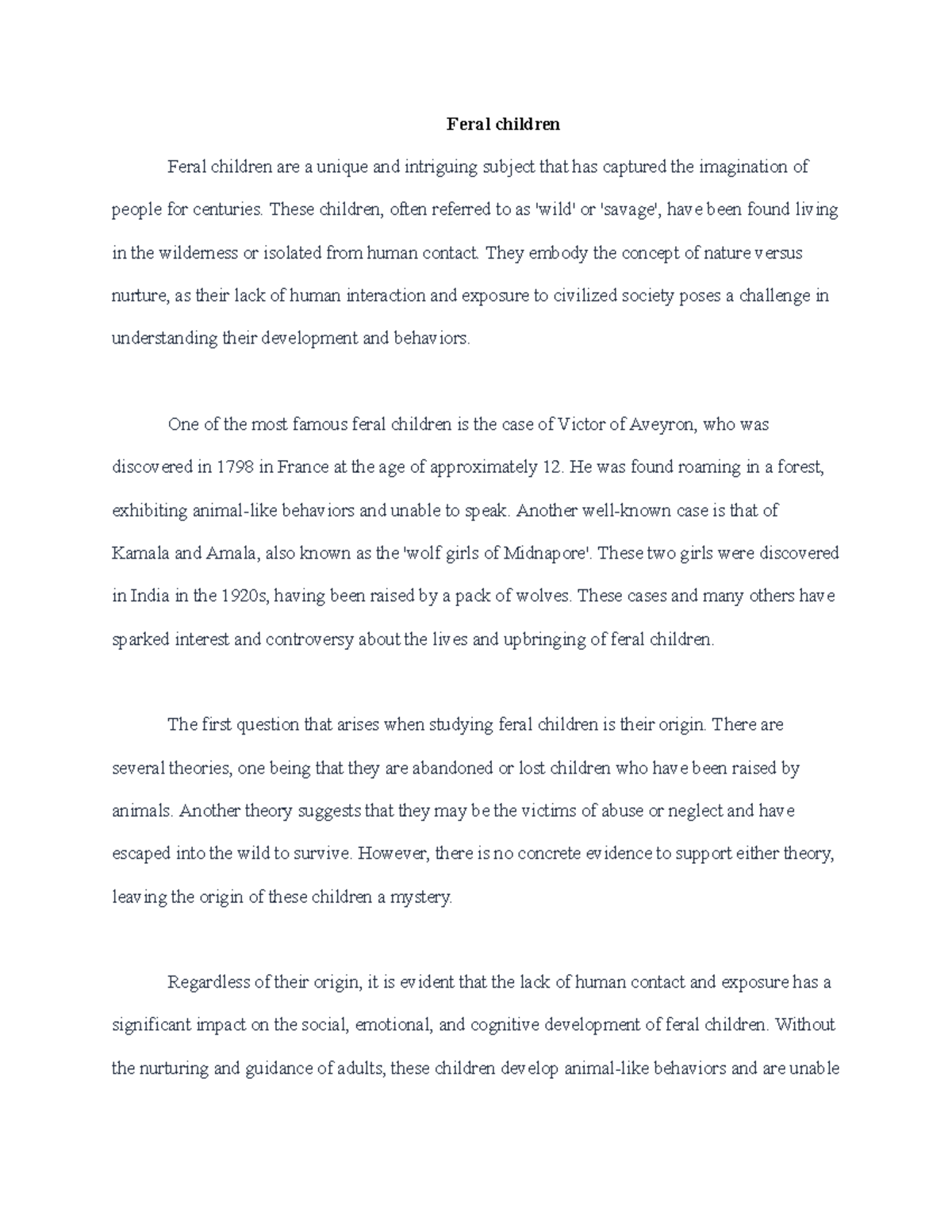 SOCI 1101 Essay: Exploring the Enigma of Feral Children - Studocu