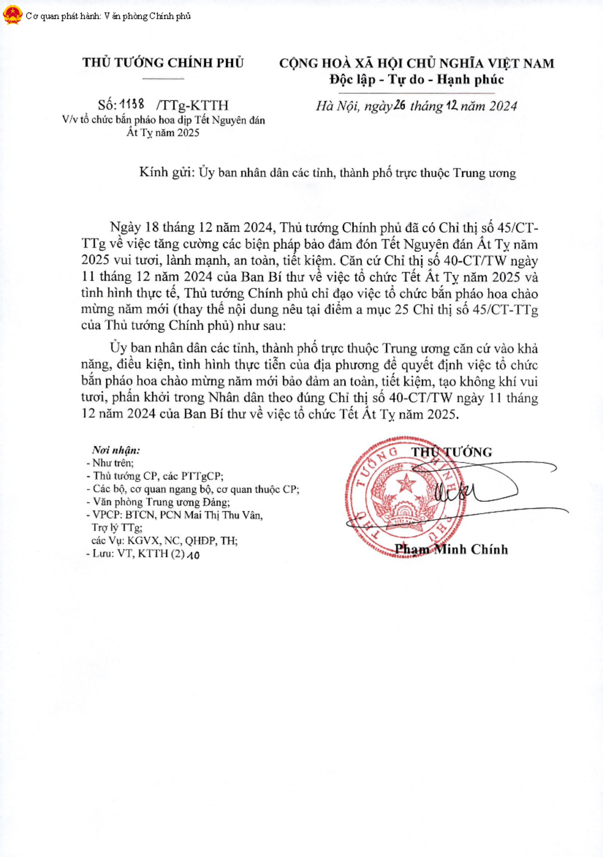 CV1138 - Co quan phát hanh: Van phong Chính phu THU TUONG CHÍNH PHU ...