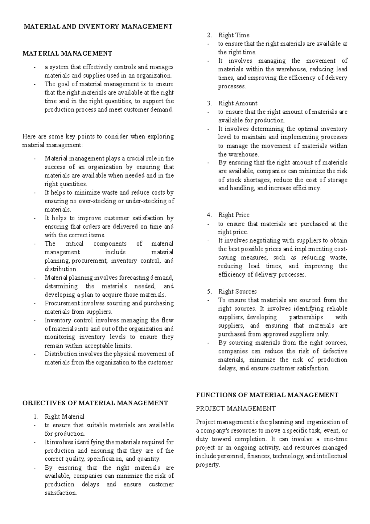 Material AND Inventory Management - MATERIAL AND INVENTORY MANAGEMENT ...
