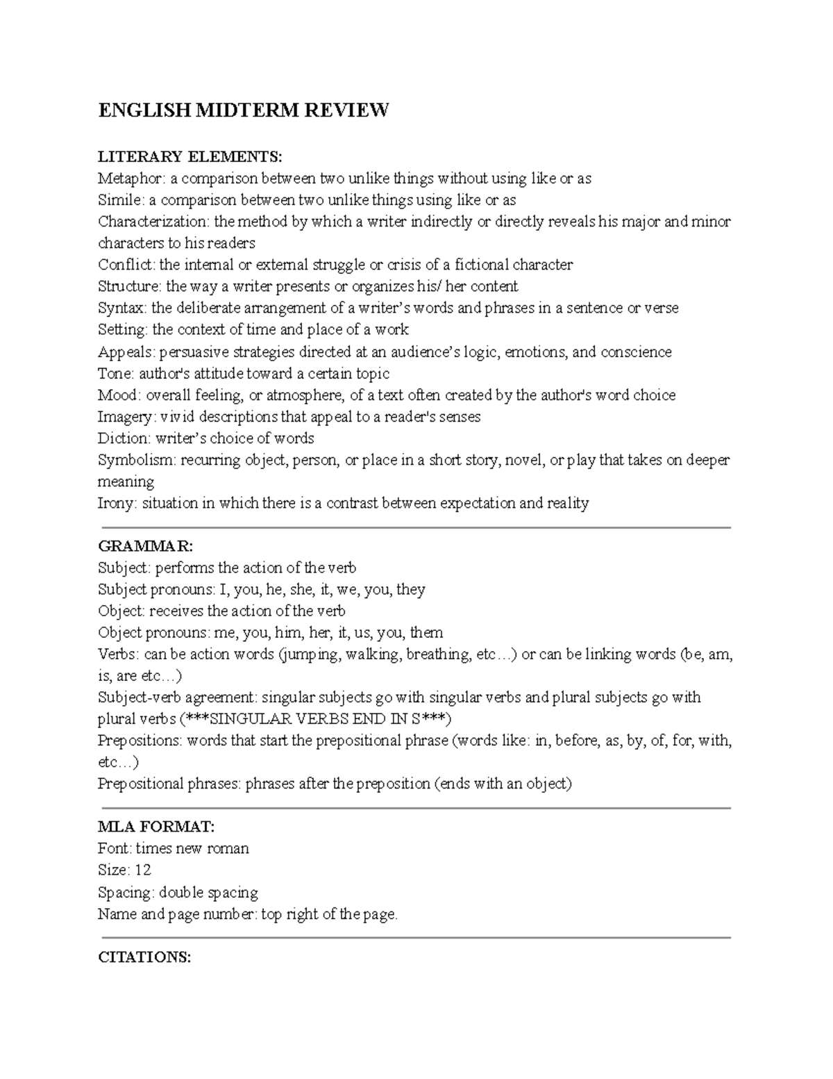 ENGLISH 101 MIDTERM REVIEW: LITERARY ELEMENTS & GRAMMAR - Studocu
