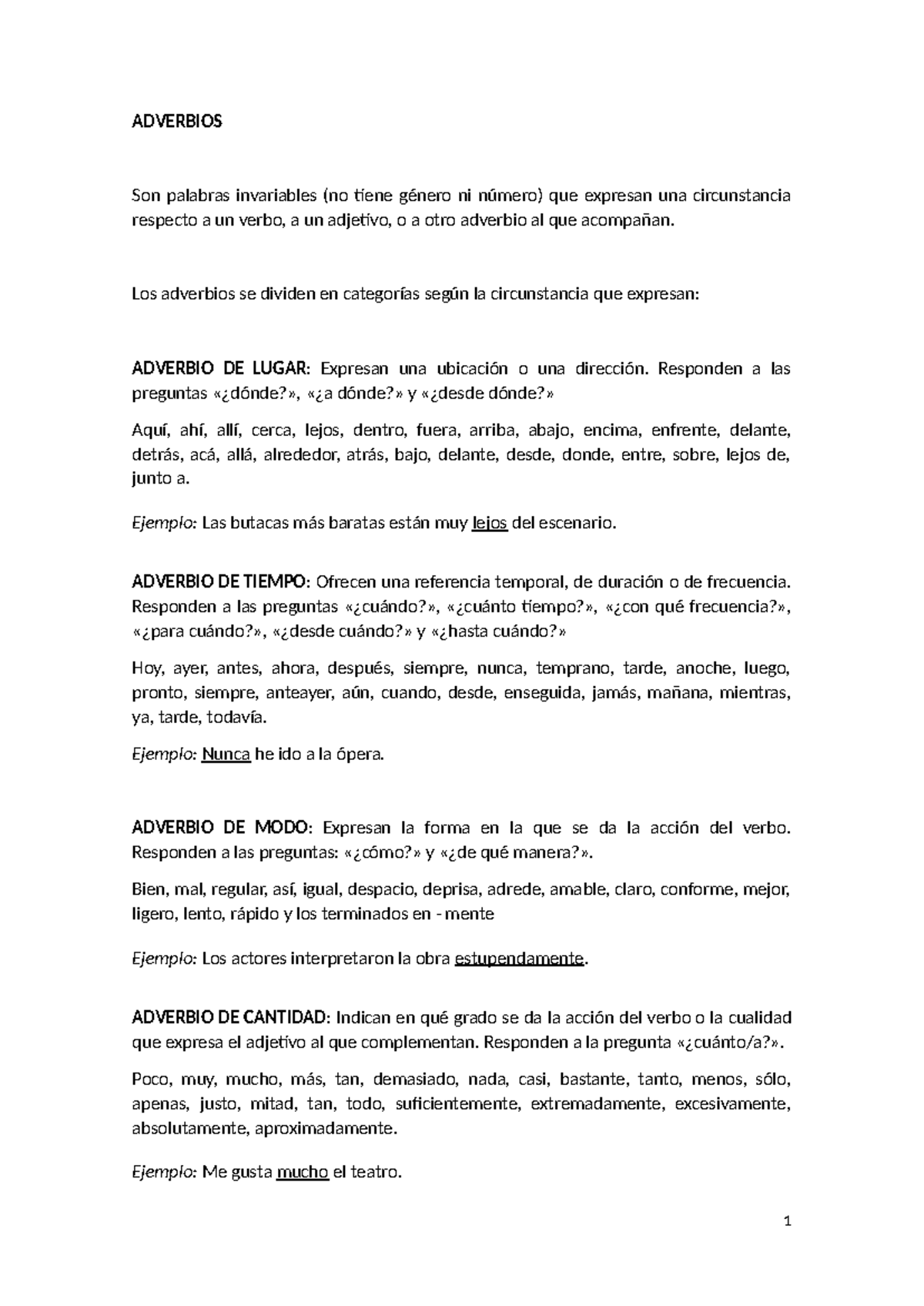 Tipos de Adverbios en Español: Clasificación y Ejemplos - Studocu