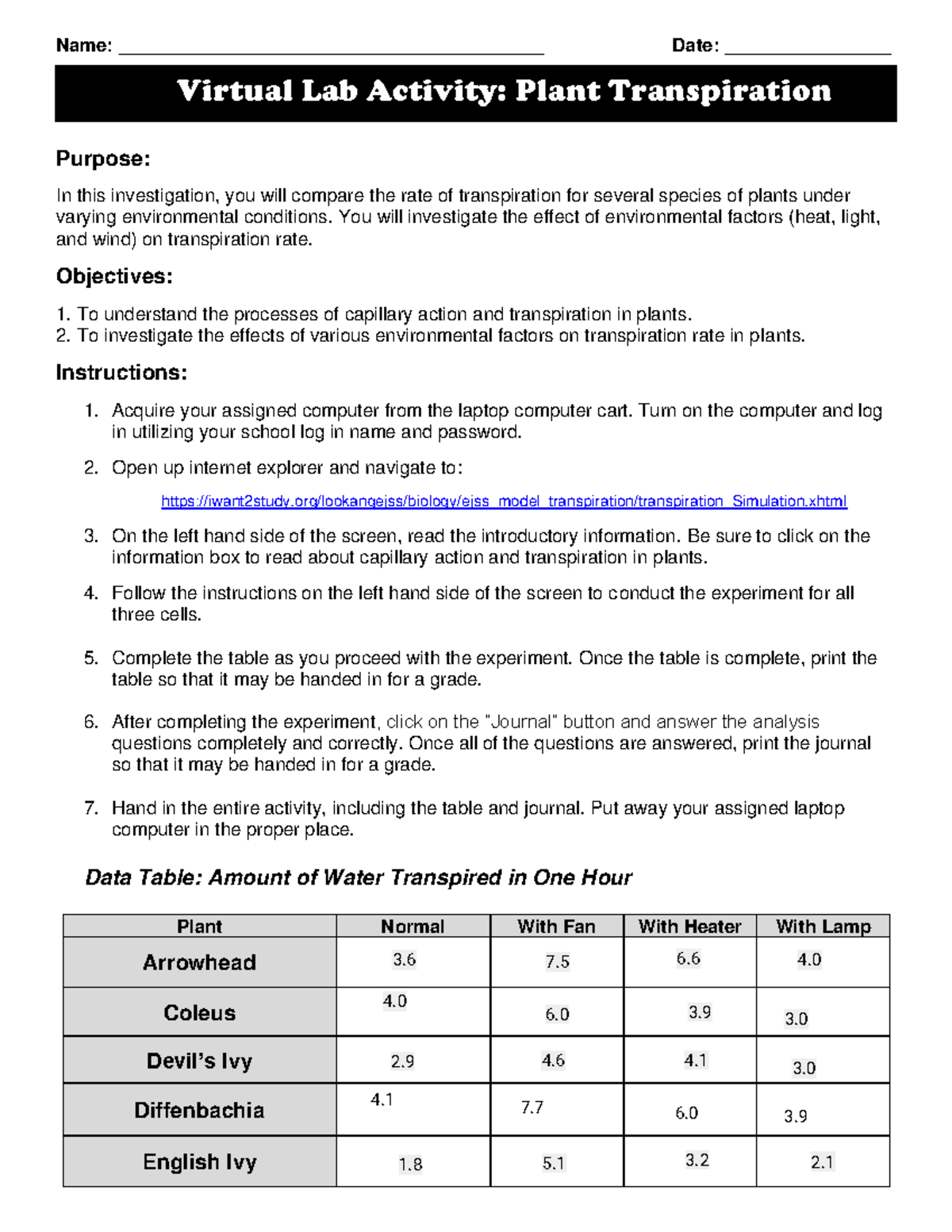 Plant Transpiration Virtual Lab Instructions (2021) - Studocu