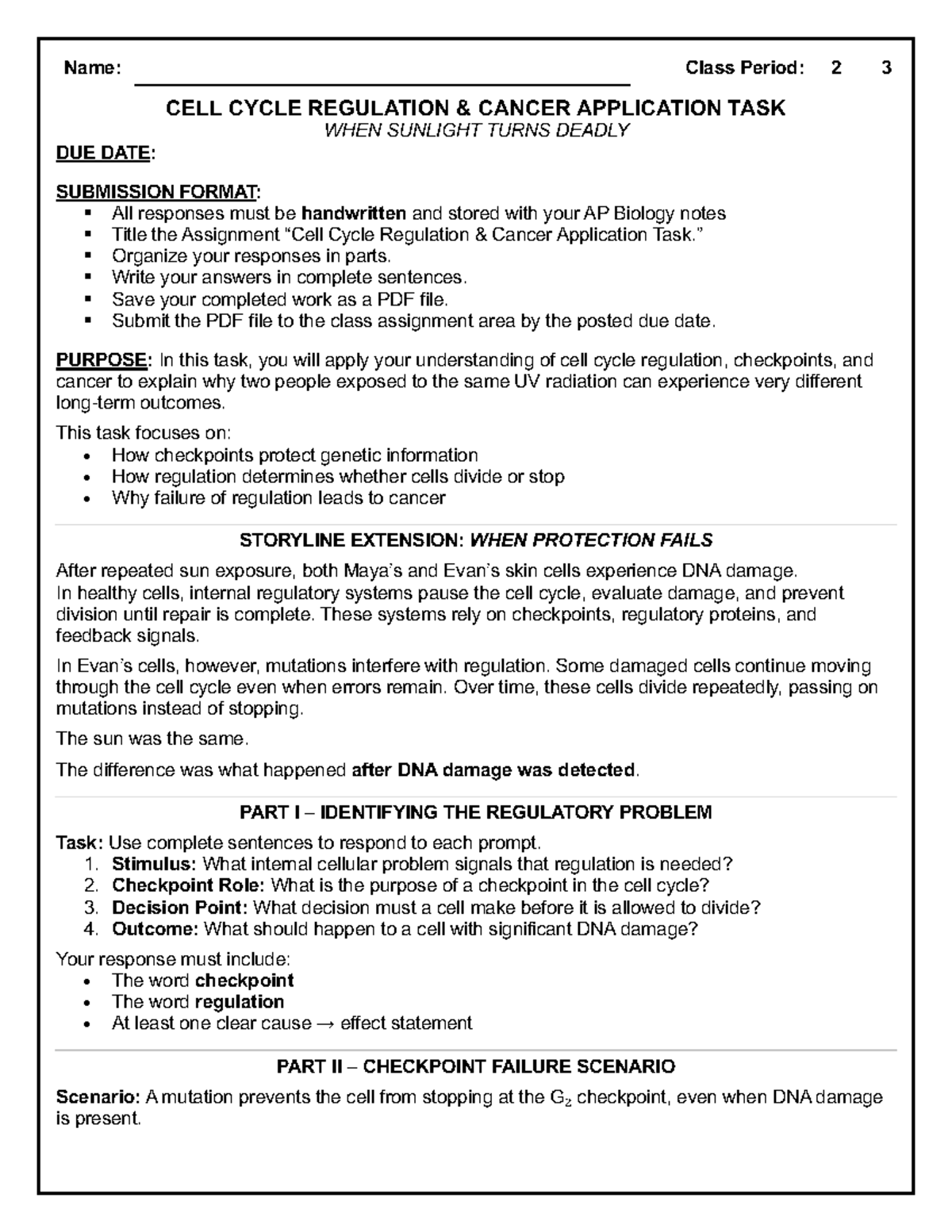 AP Biology: Cell Cycle Regulation & Cancer Application Task - Studocu