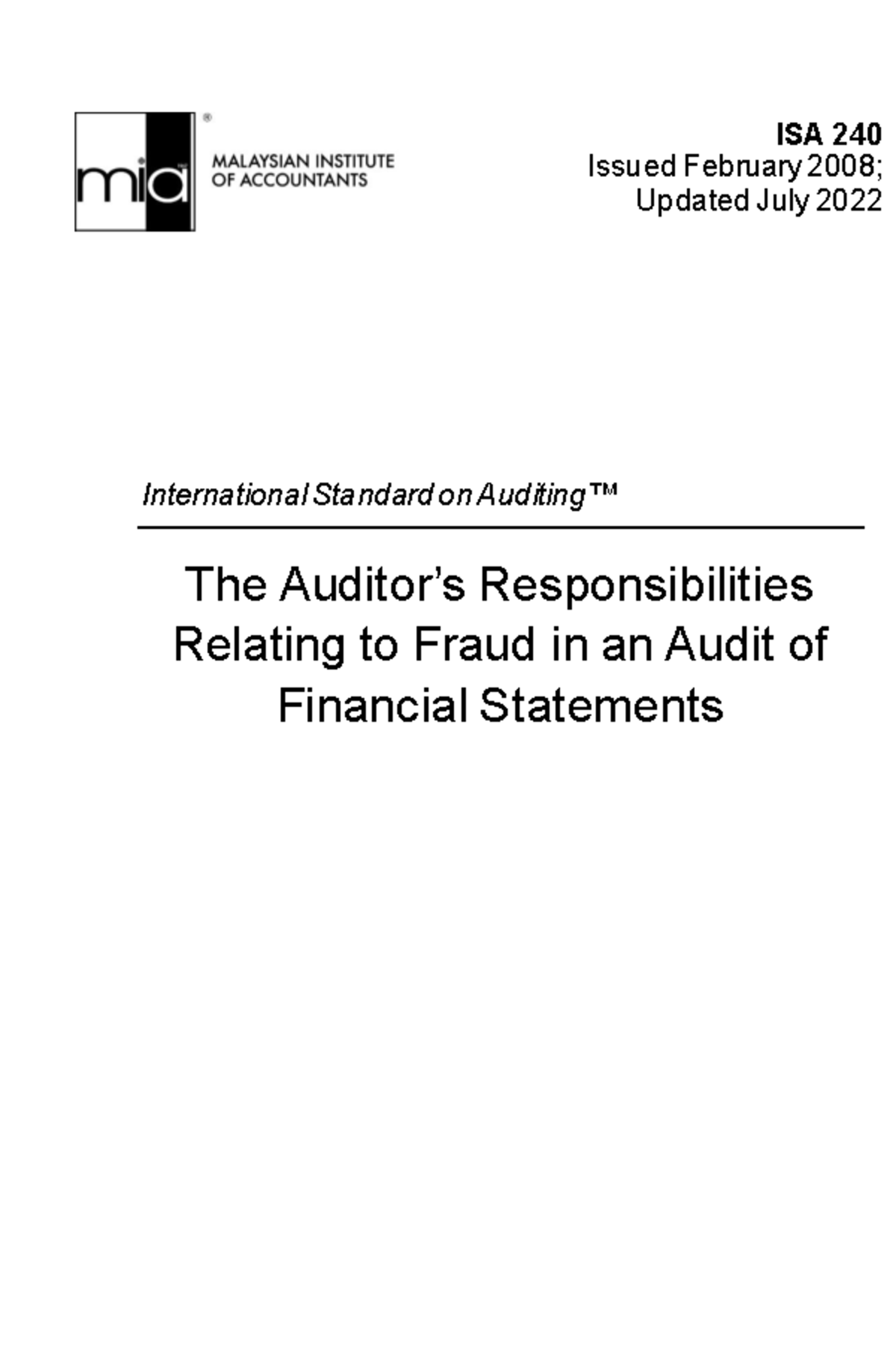 ISA 240 (Revised 2022) Auditors' Responsibilities for Fraud Detection ...