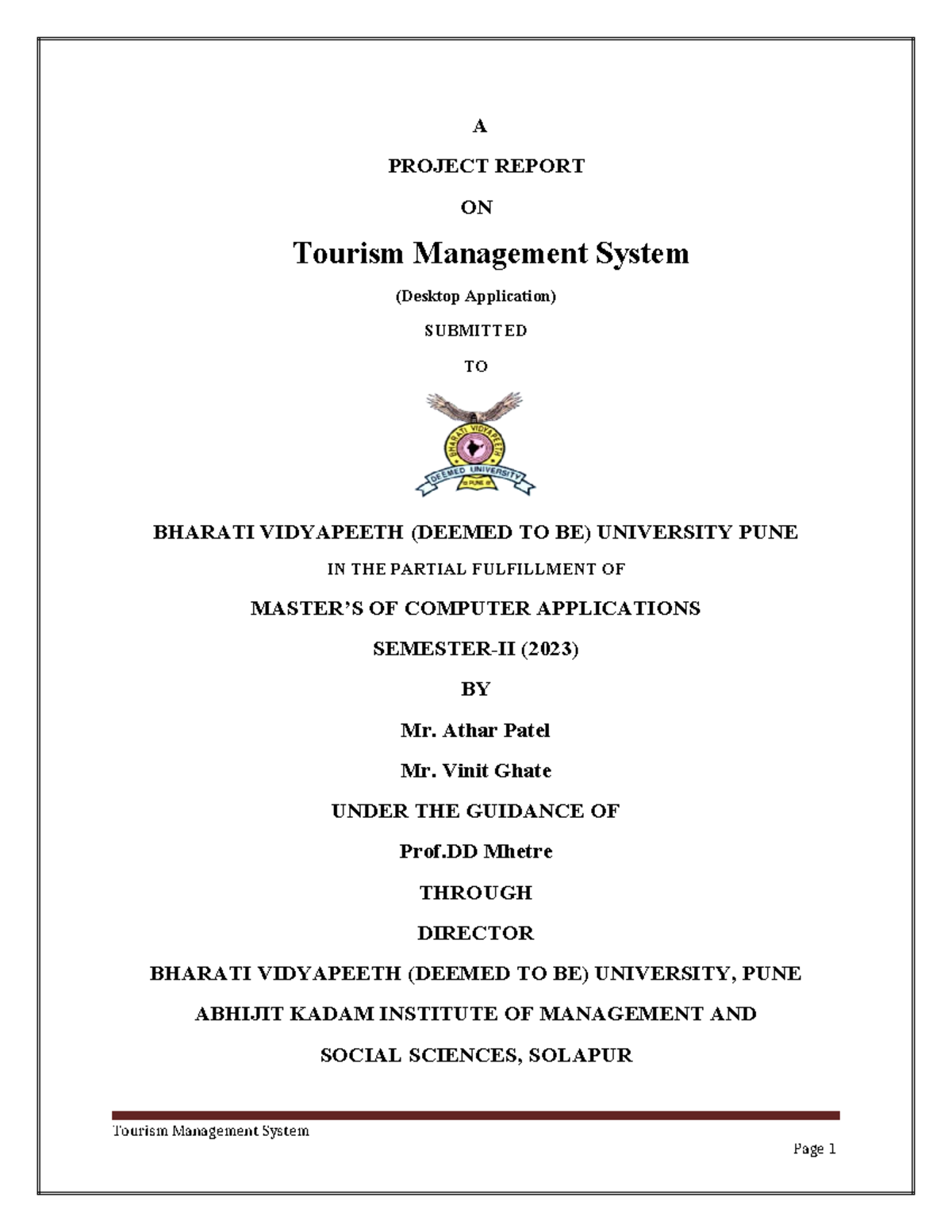 MCA Project Report: Tourism Management System Development - Studocu