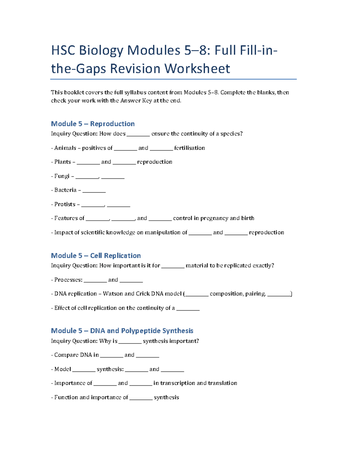 HSC Biology Modules 5-8 Full Revision Worksheet - Studocu