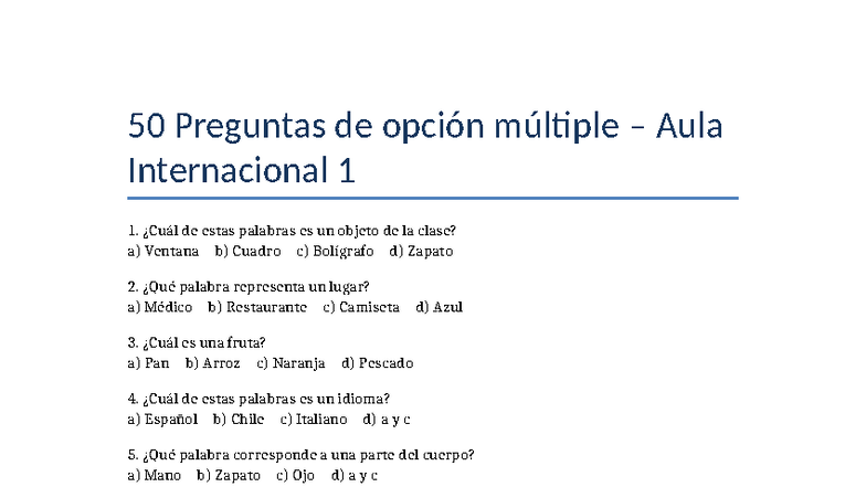 50 Preguntas de Opción Múltiple - Aula Internacional 1 - Studocu