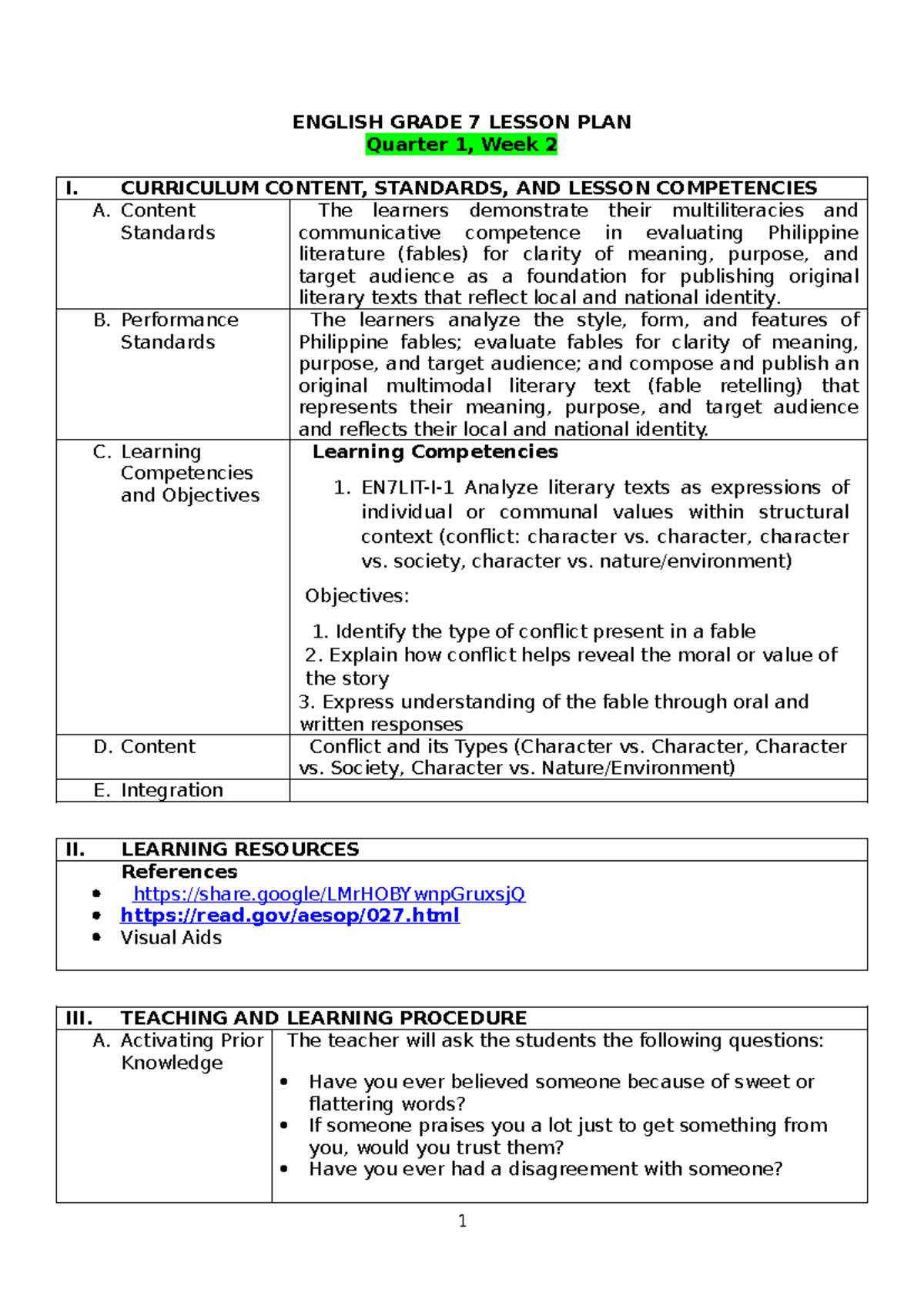 ENGLISH GRADE 7 LESSON PLAN: Fable Conflicts & Analysis - Studocu
