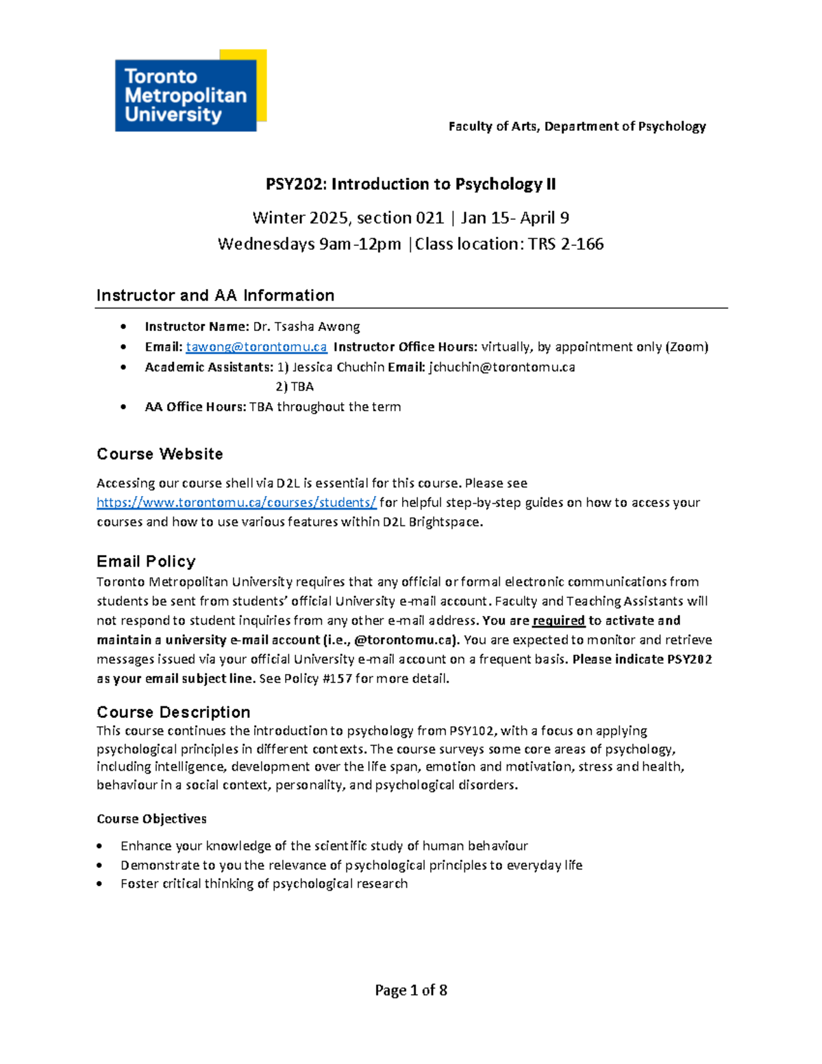 PSY202: Introduction to Psychology II - Course Outline Winter 2025 ...