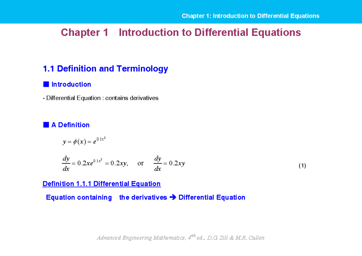 Chapter 01: Intro to Differential Equations - Advanced Eng. Math 4th Ed ...