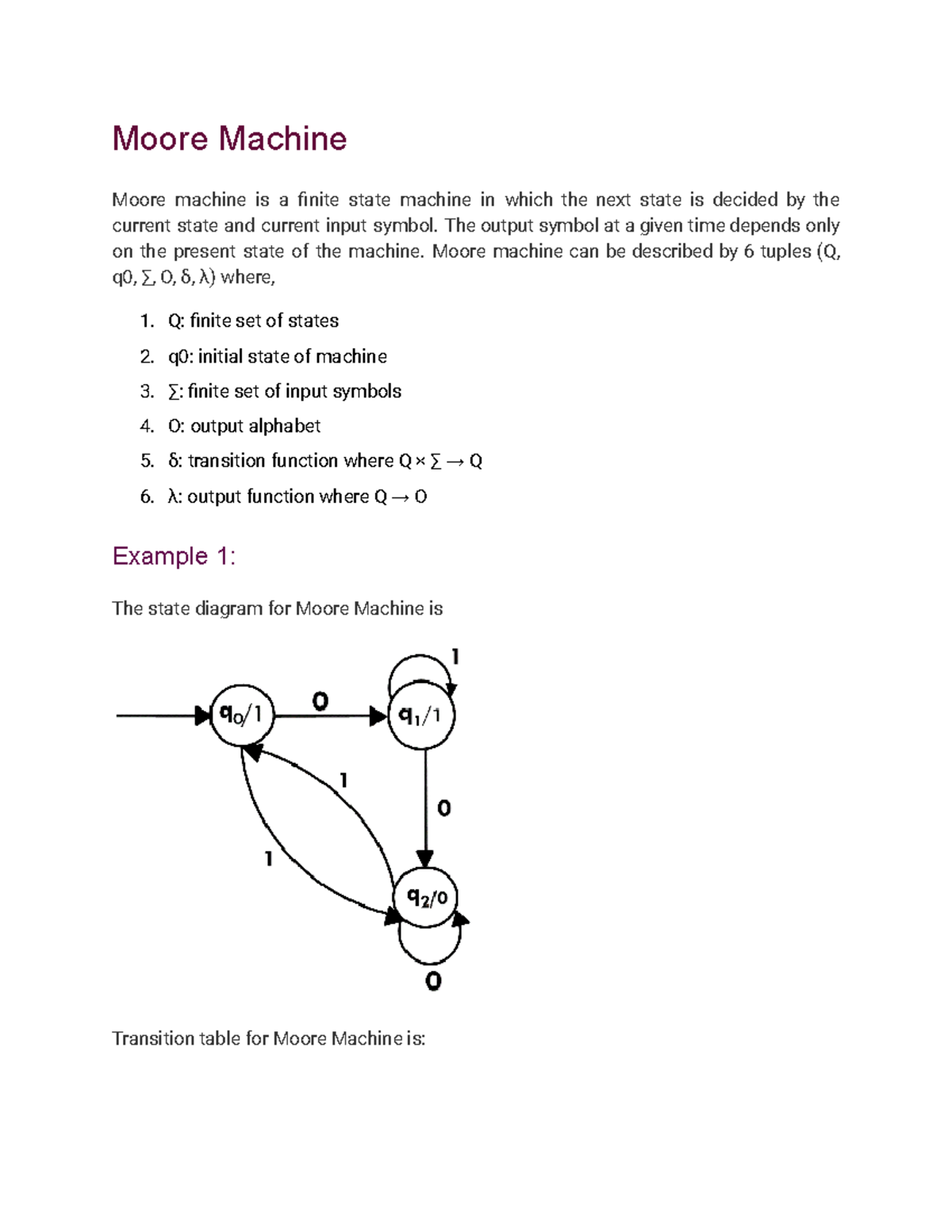 Question BANK – 1 (Part 11) - Moore Machine Moore machine is a finite ...