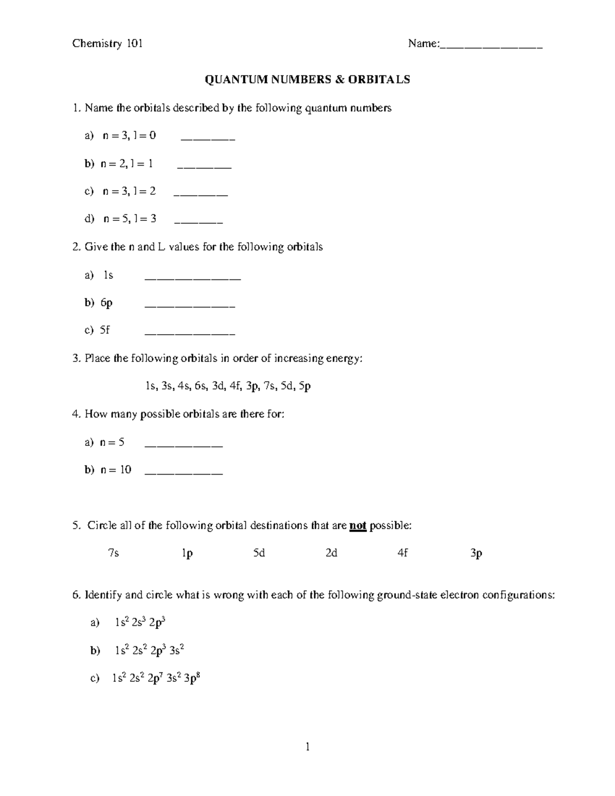 Chemistry 101 Quantum Number Worksheets and Orbital Analysis - Studocu