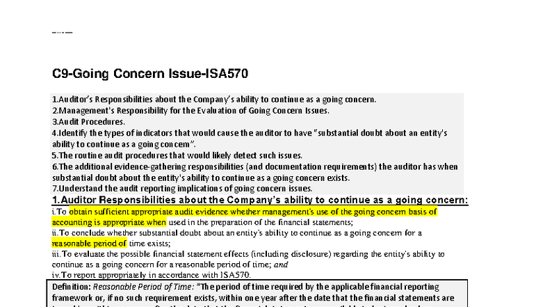 Going Concern Evaluation and Auditor Responsibilities (ACCT 301) - Studocu