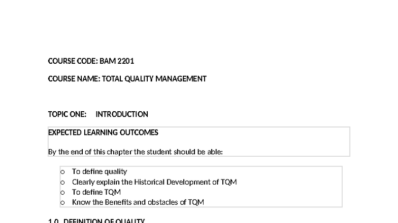 BAM 2201: TQM Lesson One - Introduction to Quality Management - Studocu