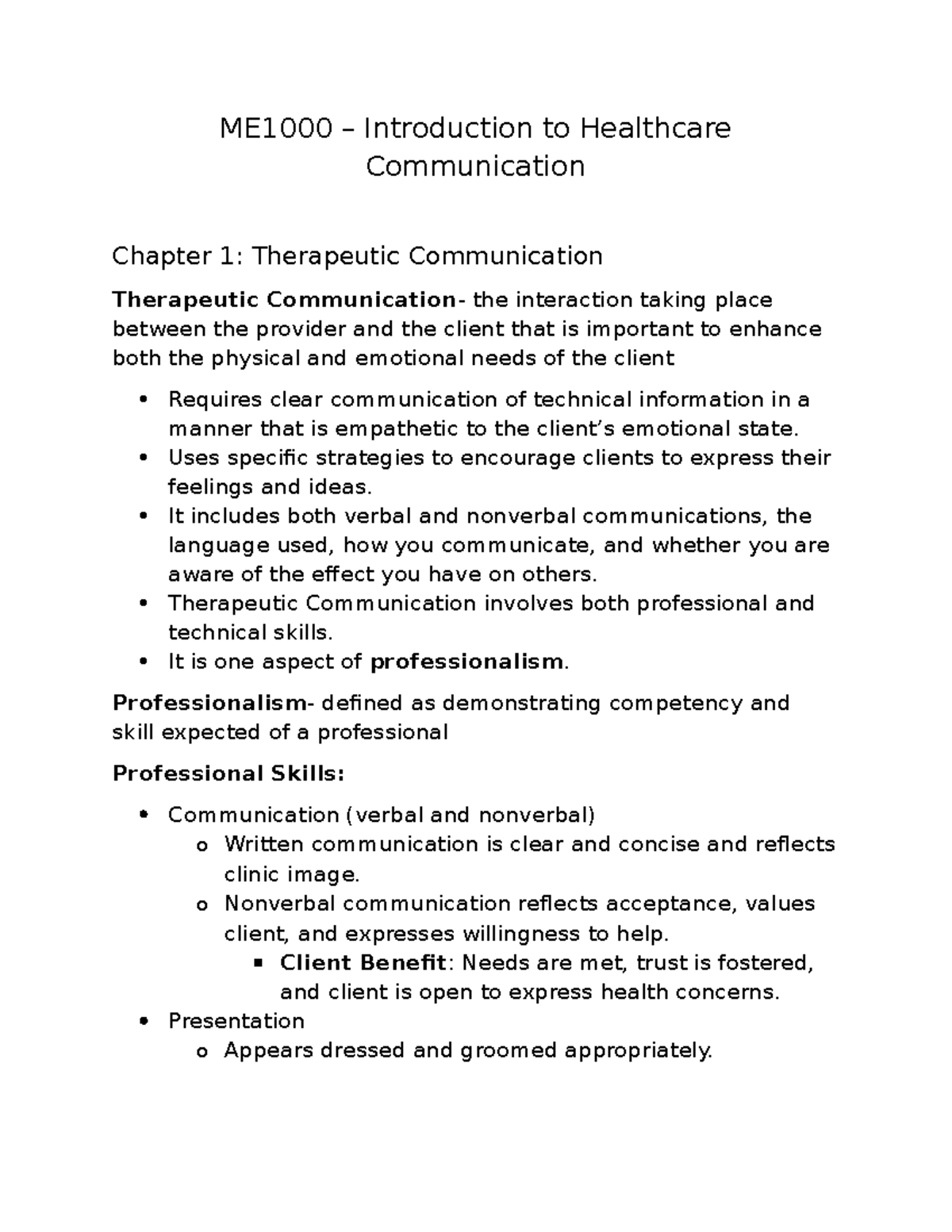 ME1000 - Therapeutic Communication Concepts in Healthcare - Studocu