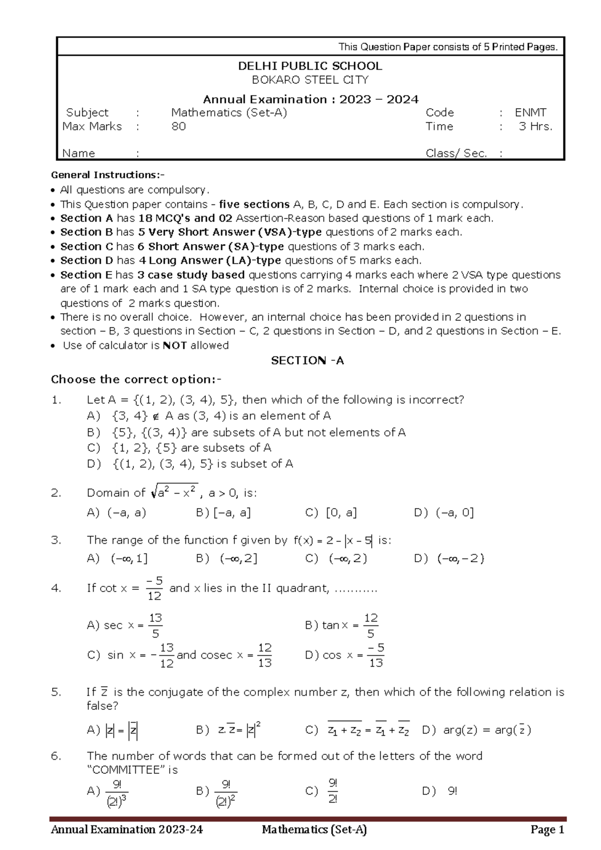 Sample Paper XI-11 Mathematics Annual Exam 2023-24 Set A - Studocu