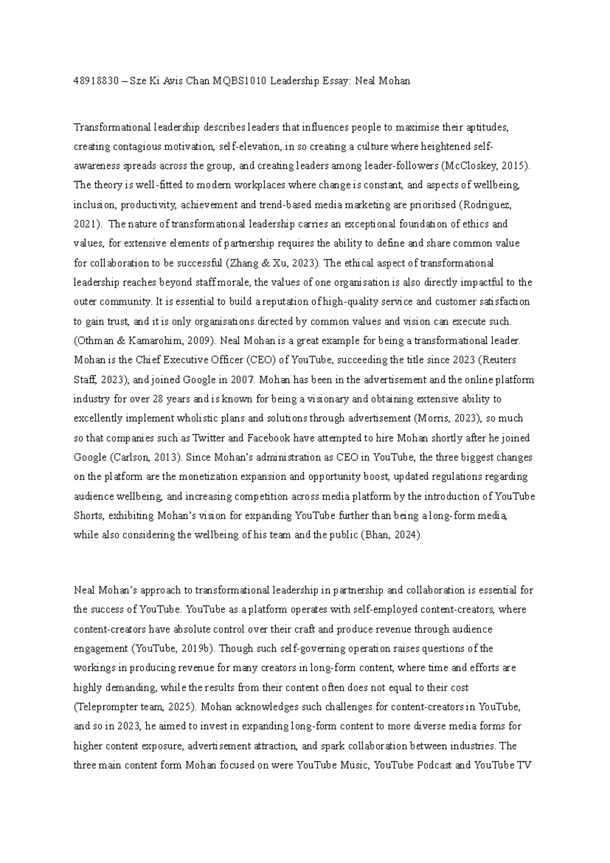 MQBS1010 Leadership Essay: Transformational Leadership of Neal Mohan - Studocu