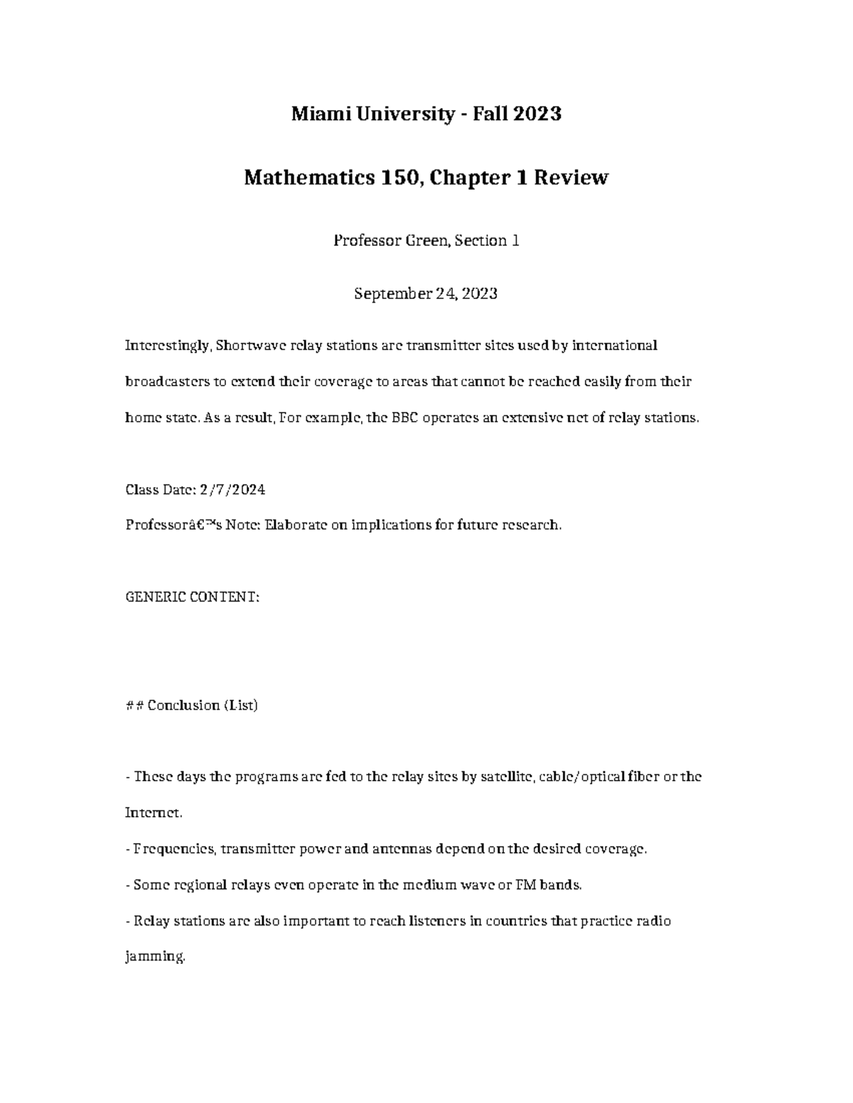 Mathematics 150 Chapter 1 Review - Miami University - Fall 2023 ...