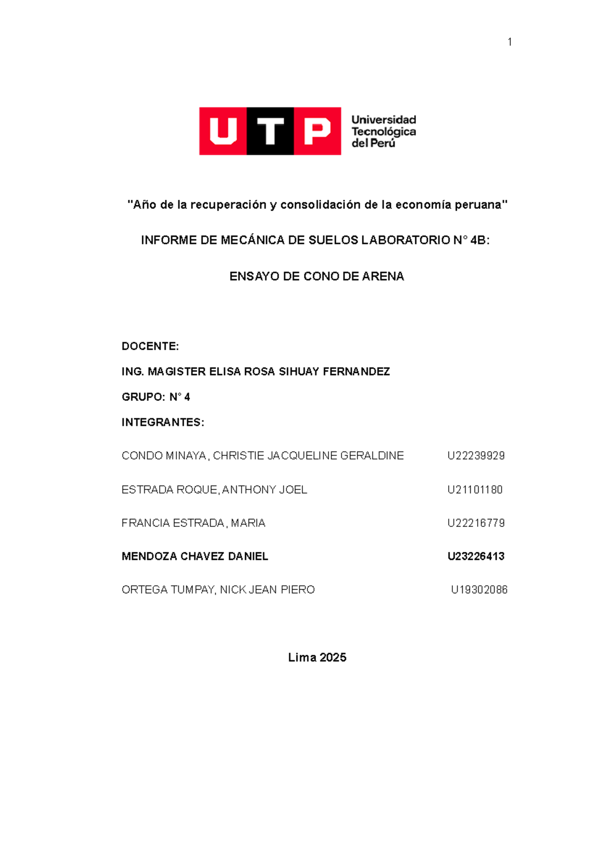 Laboratorio 4B: Informe del Ensayo del Cono de Arena - Studocu