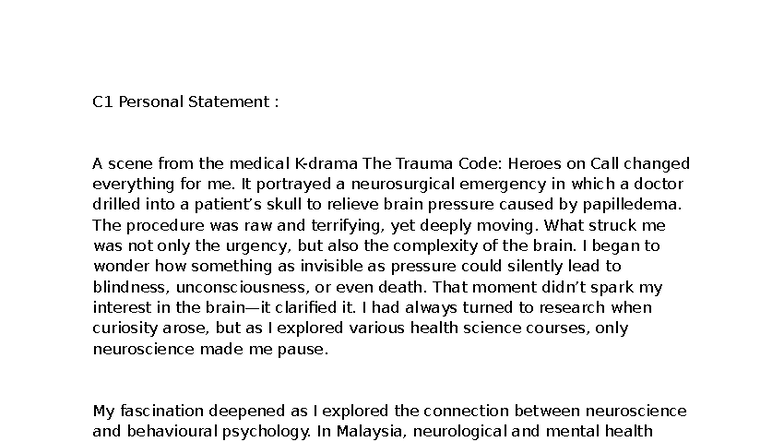 C1 Personal Statement: My Journey into Neuroscience and Mental Health ...