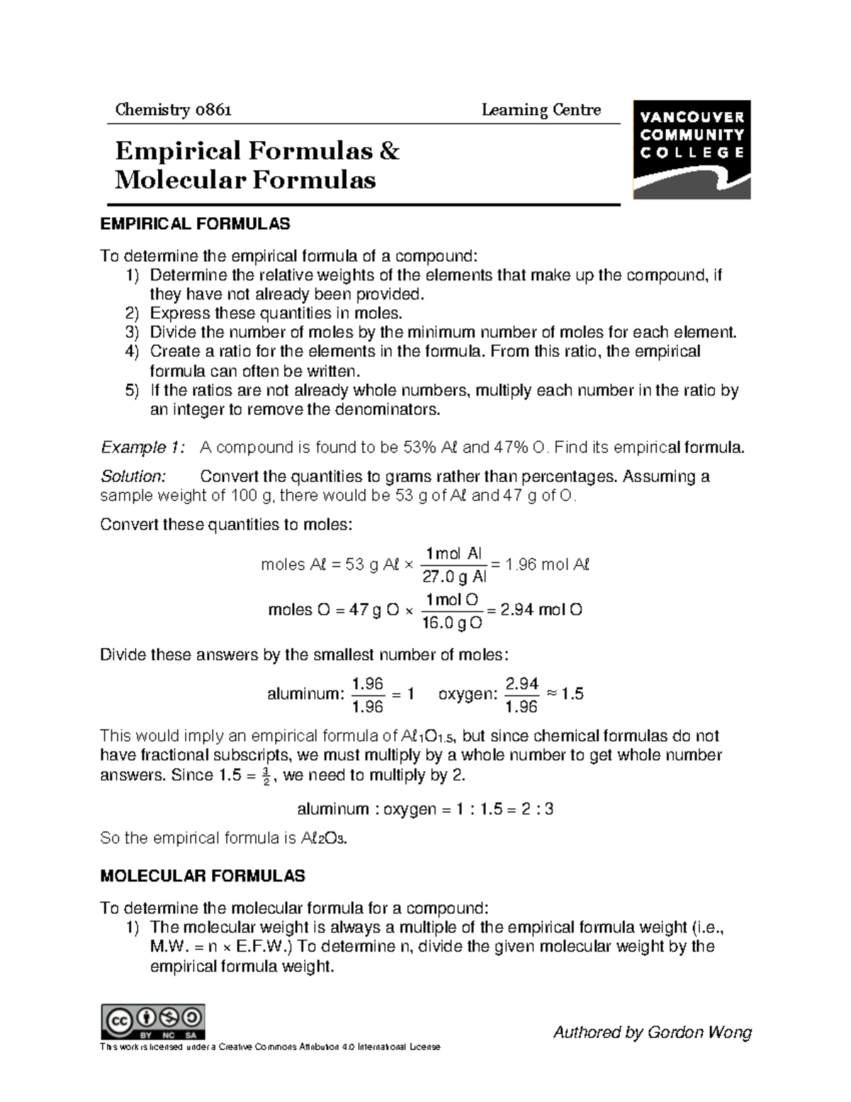 Chemistry 0861 Lecture Notes: Empirical & Molecular Formulas - Studocu
