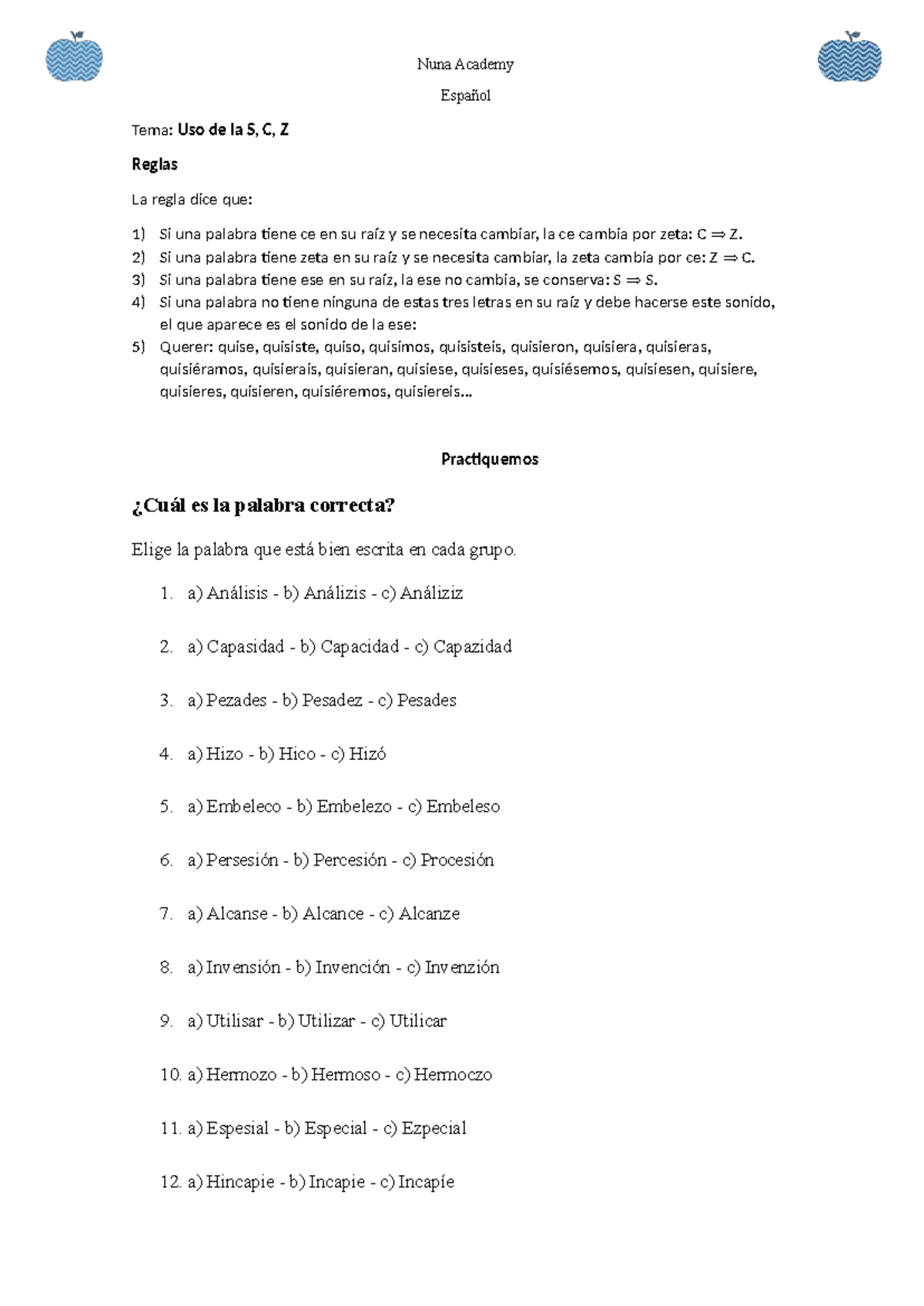 Uso de la S, C, Z en Español - Nuna Academy - Studocu