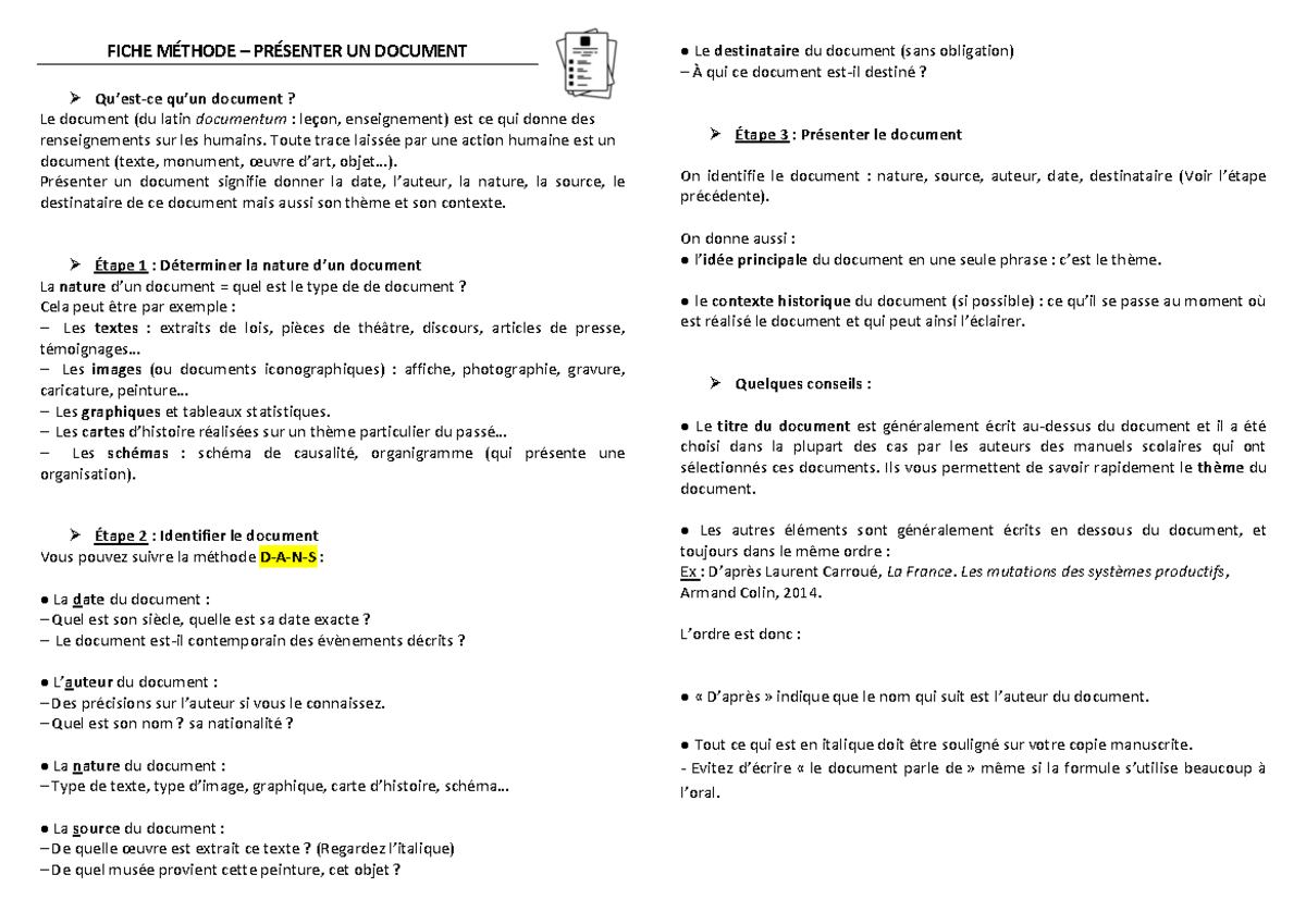 FICHE MÉTHODE : Comment Présenter un Document en Détails - Studocu
